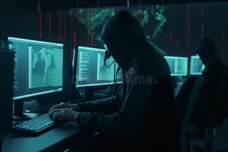 Hacker Coding Virus Ransomware Using Laptops And Computers Cyber