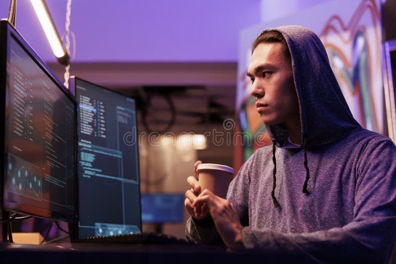 Hacker with Coffee Doing Ddos Attack Stock Photo - Image of screen ...