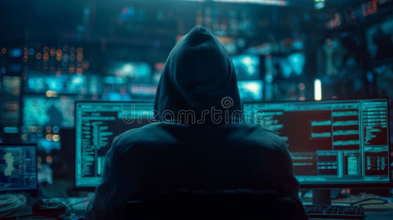 Hacker Computer Cyber Security Dark Room Hooded Figure Technology Code ...