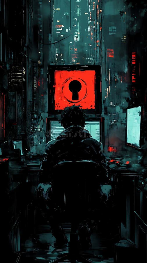 Hacker at a Computer in a Dark Cityscape with a Red Lock Icon on Screen ...
