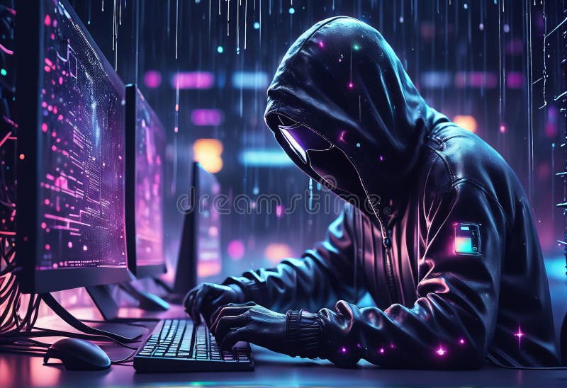 Hacker with Computer in Dark Room with Binary Code Hacker with Computer in Dark Room with Binary ...