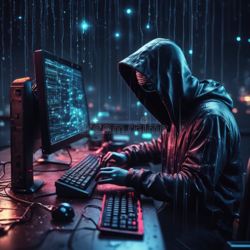 Hacker with Computer at Night in Office Hacker with Computer at Night ...