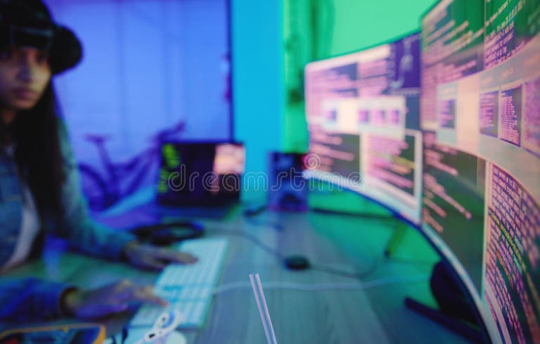 Hacker, Computer Screen or Neon Coding on Cybersecurity Ransomware, SEO Night Phishing or Code ...