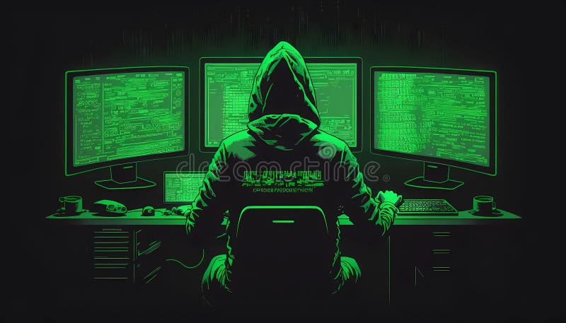 Hacker with 3 Computer Screens. Green Color. Stock Illustration ...