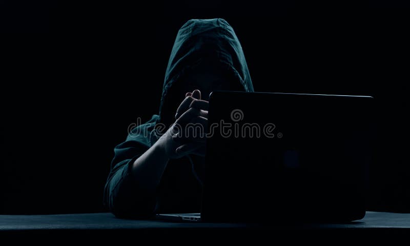 Hacker with His Computer Thinking on Light Blue Background, Monk Hermit ...