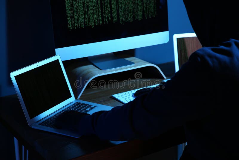 Hacker with Computers in Dark Room. Cyber Crime Stock Image - Image of ...