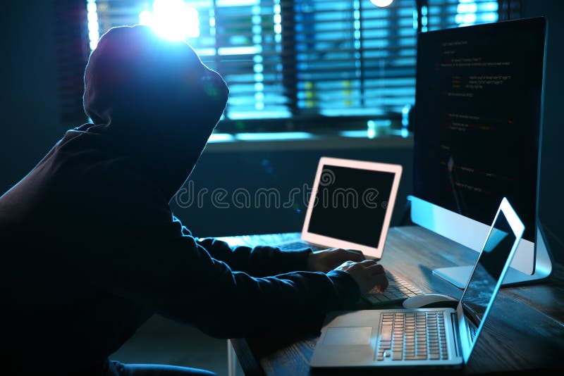 Hacker with Computers in Room. Cyber Crime Stock Image - Image of dark ...