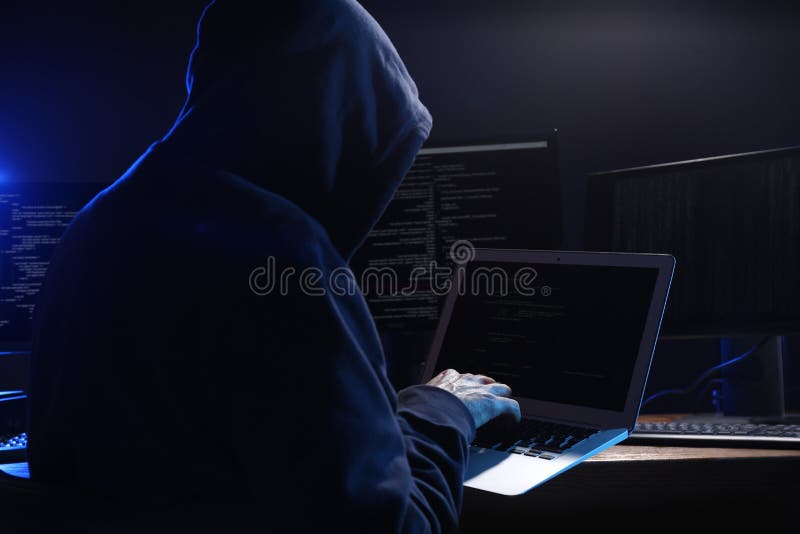Hacker with Computers in Room. Cyber Crime Stock Photo - Image of ...