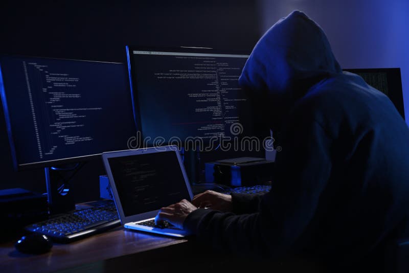 Hacker with Computers in Room. Cyber Crime Stock Image - Image of ...