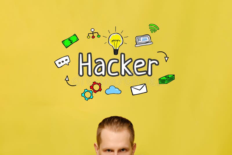 Hacker Concept with Portrait Man with Text and Icons on a Yellow ...
