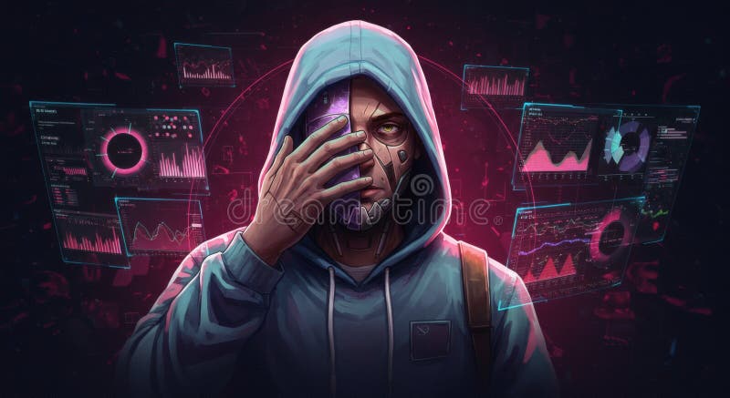 Hacker Covering Face with Cybernetic Implant and Data Visualization ...