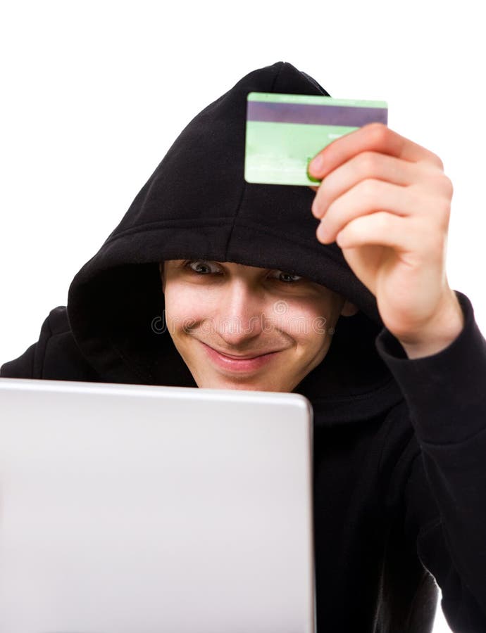 Hacker with a Credit Card stock photo. Image of hold - 211750106