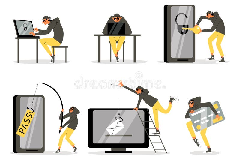 Hacker, Cybercriminal, Thief, Set of Vector Flat Illustrations on White ...