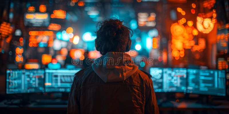 Hacker or Cybersecurity Expert in a Dark High-tech Room with Multiple ...