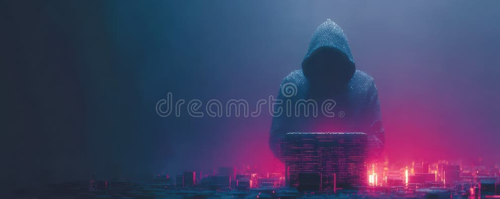 Hacker in Dark Environment with Code Rain and Blue Digital Effects ...