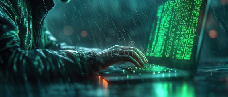 A Hacker in Dark Environment is Typing Rapidly on Laptop, Surrounded by ...