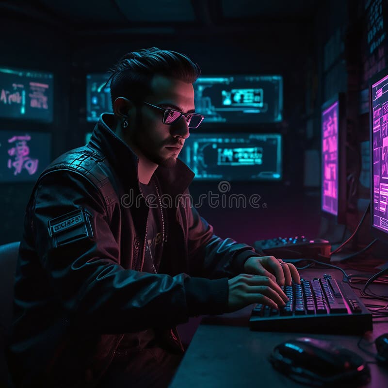 Cyberpunk Hacker in a Dark Room, Multiple Screens, Neon Glow, Dystopian ...