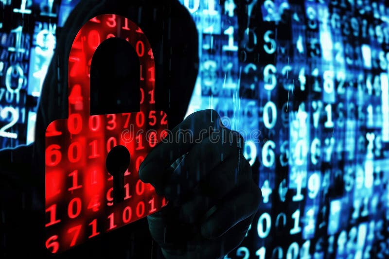 A Hacker in a Dark Hooded Holds a Digital Padlock Against a Digital ...