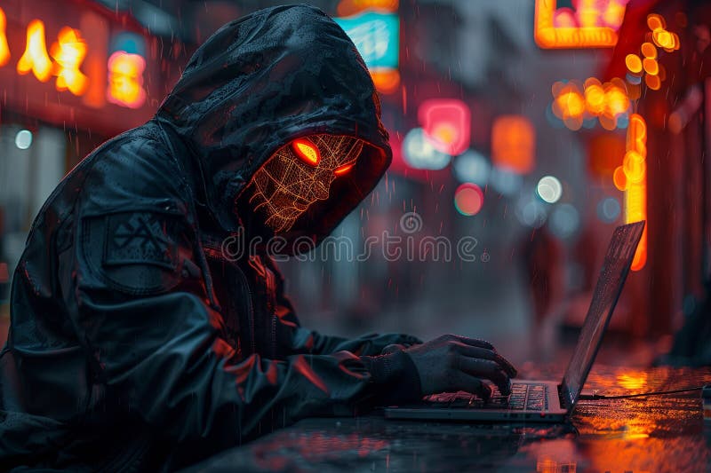 A Hacker in a Dark Hoodie with a Glowing Face Mask Holding a Laptop and ...