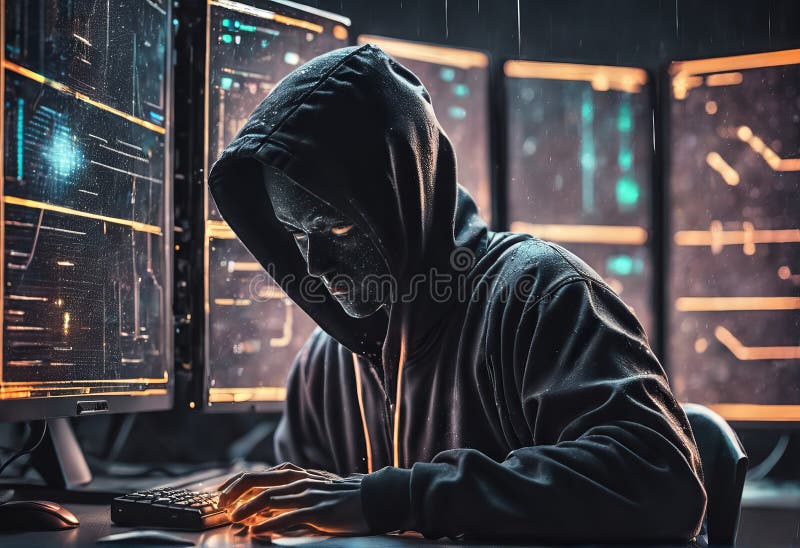 Hacker in a Dark Hoodie and Mask in a Dark Room. Hacker is in a Computer Stock Illustration ...