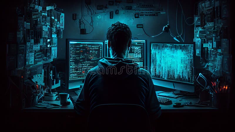 A Hacker in a Dark Room with Computers. the Concept of Cybercrime Stock ...