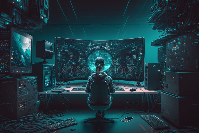 Hacker in a Dark Room with Computers and Screens. Generative AI ...