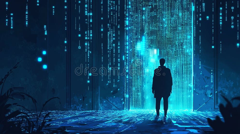 Hacker in a Dark Room Facing a Wall of Encrypted. Abstract Concept ...