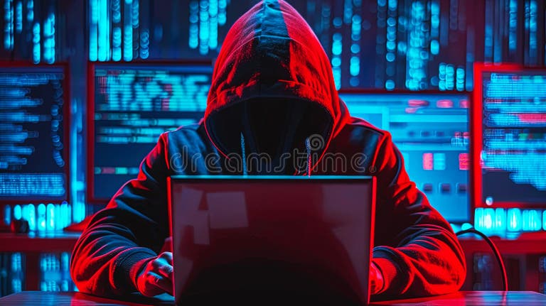 Hacker in a Dark Room with a Hood Operating a Laptop with Multiple ...