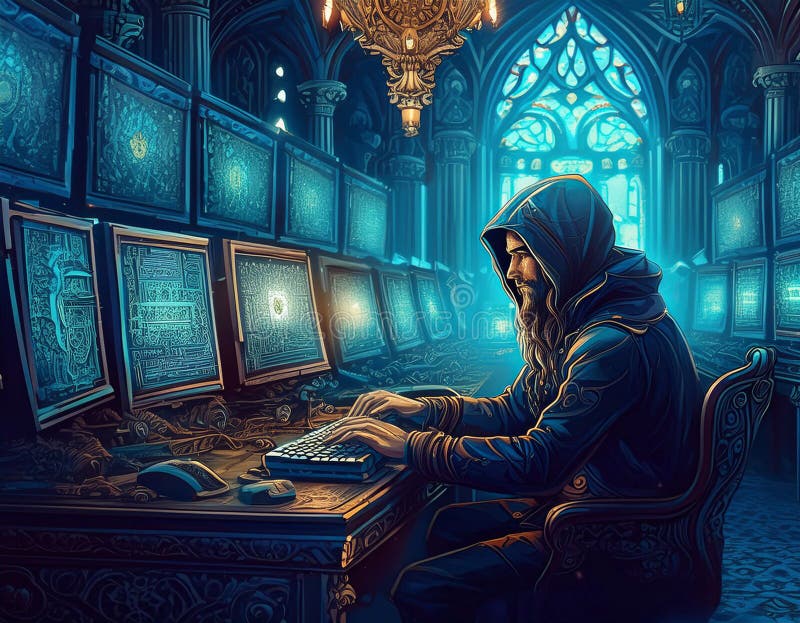 Hacker In Dark Room Illuminated By Multiple Computer Screens Typing On