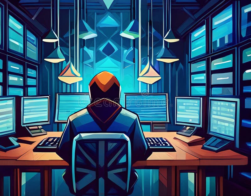 Hacker In Dark Room Illuminated By Multiple Computer Screens Typing On