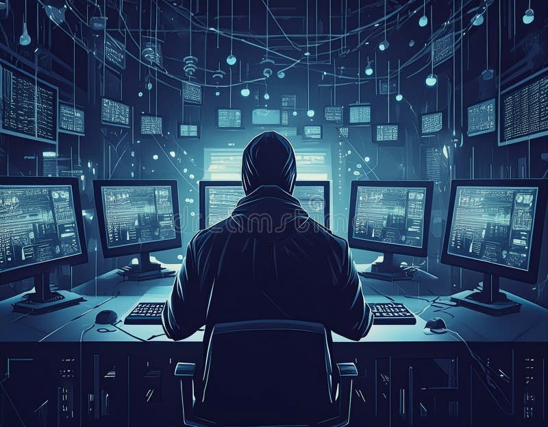 Hacker in Dark Room Illuminated by Multiple Computer Screens Typing on ...