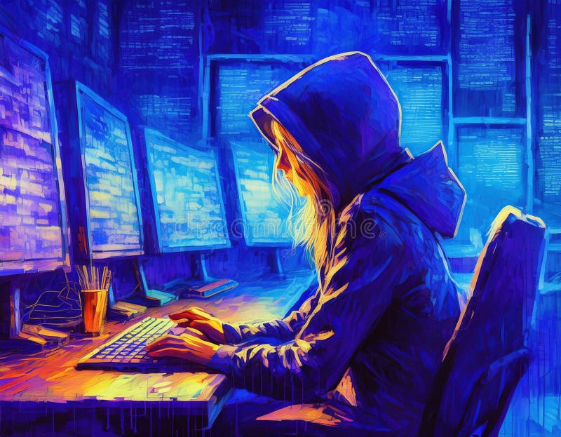 Hacker In Dark Room Illuminated By Multiple Computer Screens Typing On