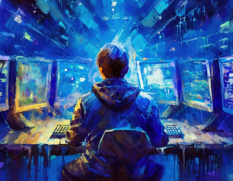 Hacker In Dark Room Illuminated By Multiple Computer Screens Typing On