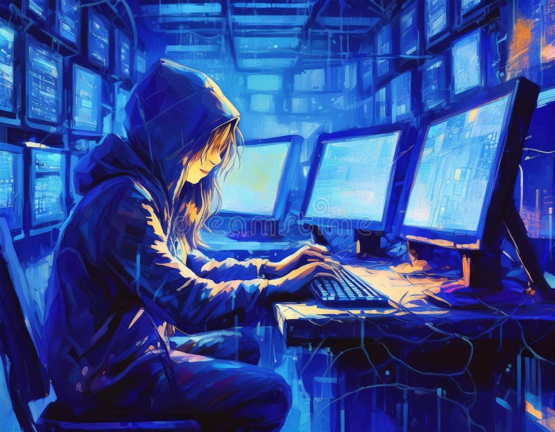Hacker In Dark Room Illuminated By Multiple Computer Screens Typing On
