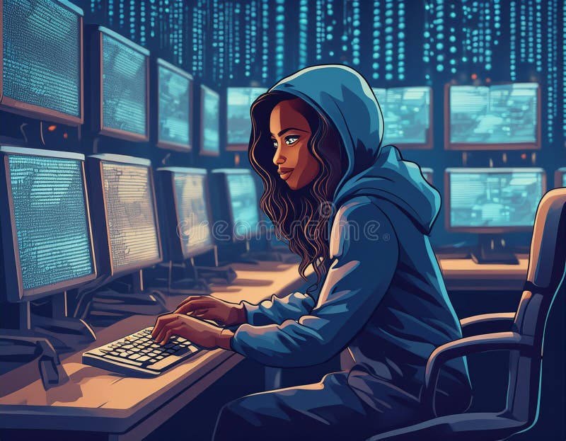 Hacker In Dark Room Illuminated By Multiple Computer Screens Typing On