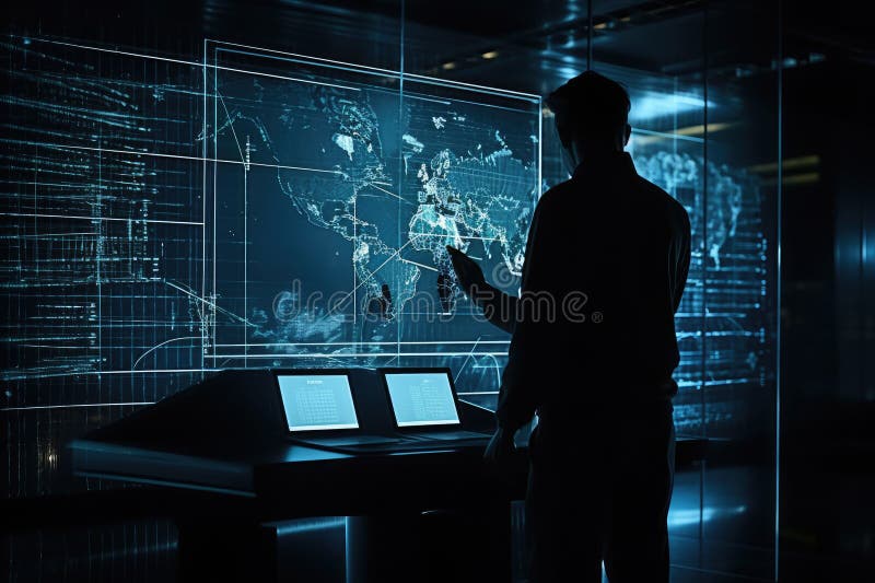 Hacker in a Dark Room Illuminated by Screens Displaying Complex Code ...