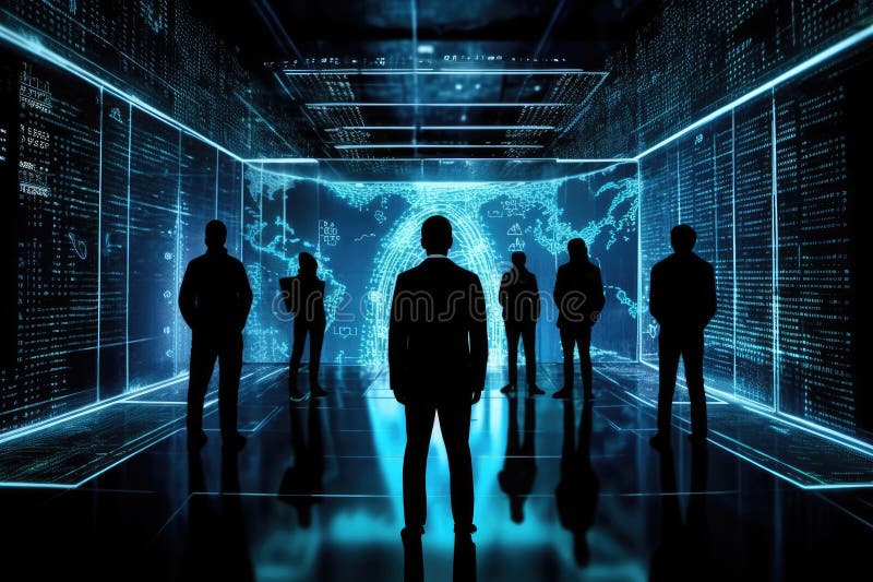 Hacker in a Dark Room Illuminated by Screens Displaying Complex Code ...