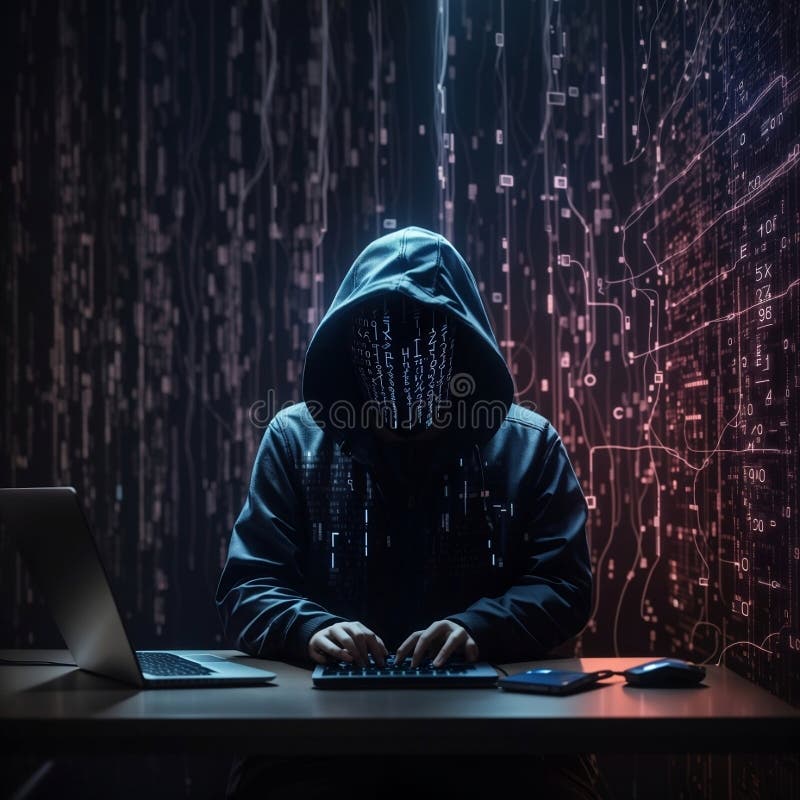 Hacker In A Dark Room With Lines Of Code And Binary Code Streaming