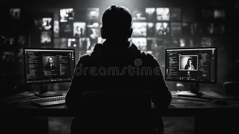 Hacker in Dark Room with Monitors Stock Image - Image of cybersecurity ...