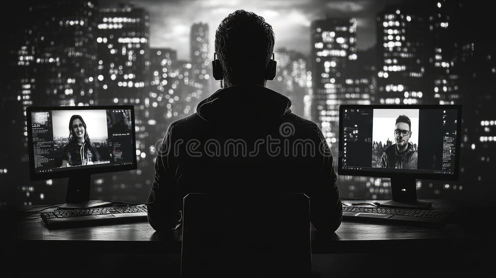 Hacker in Dark Room with Monitors Stock Photo - Image of night ...