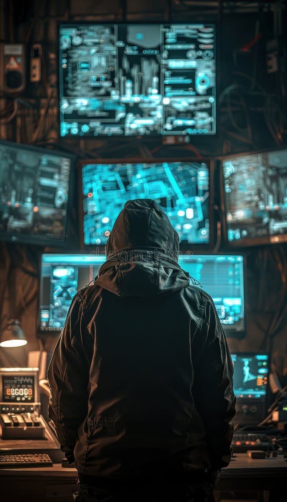 A Hacker in a Dark Room with Multiple Monitors Stock Photo - Image of ...