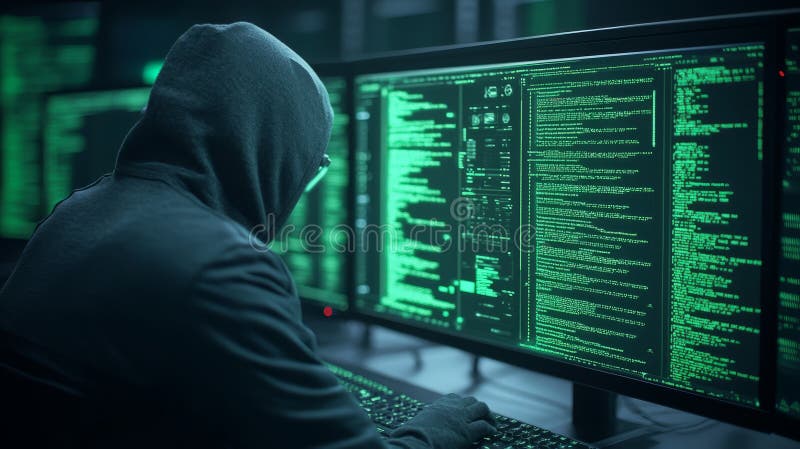 Hacker in Dark Room with Multiple Monitors Stock Illustration ...