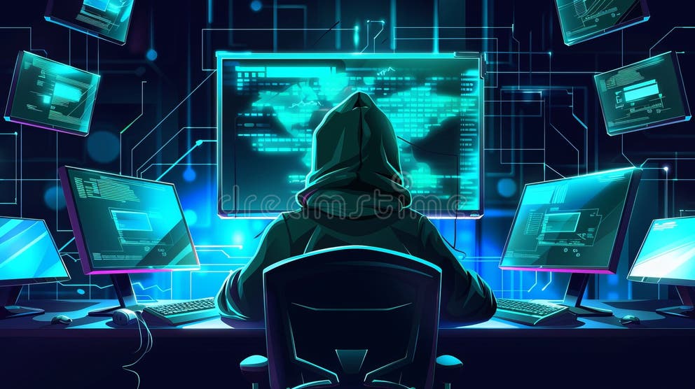 Hacker in a Dark Room with Multiple Monitors and Digital Data. High ...