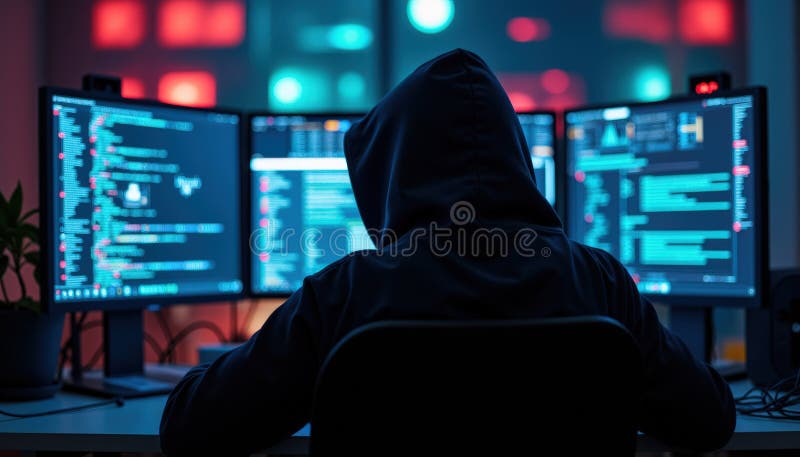 Hacker In Dark Room With Multiple Screens And Coding Interface Stock 8526