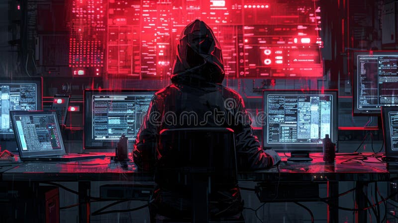 Hacker in Dark Room with Multiple Screens Generative AI Stock Illustration - Illustration of ...