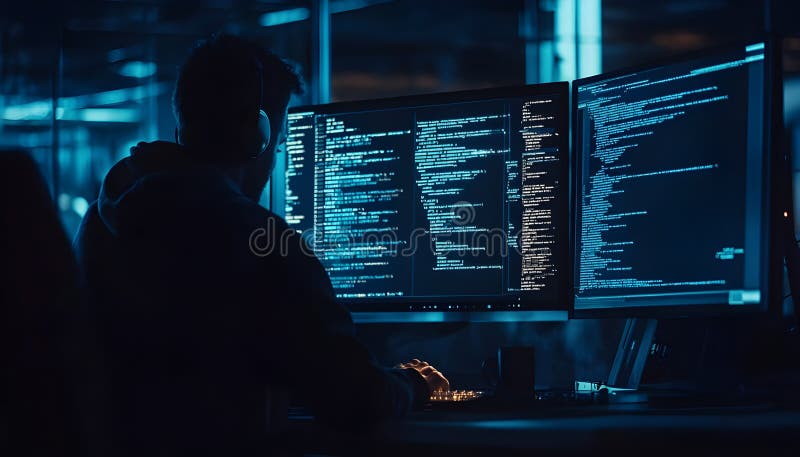 Hacker in a Dark Room Programming Malicious Code on a Computer Screen with Lines of Data Stock ...