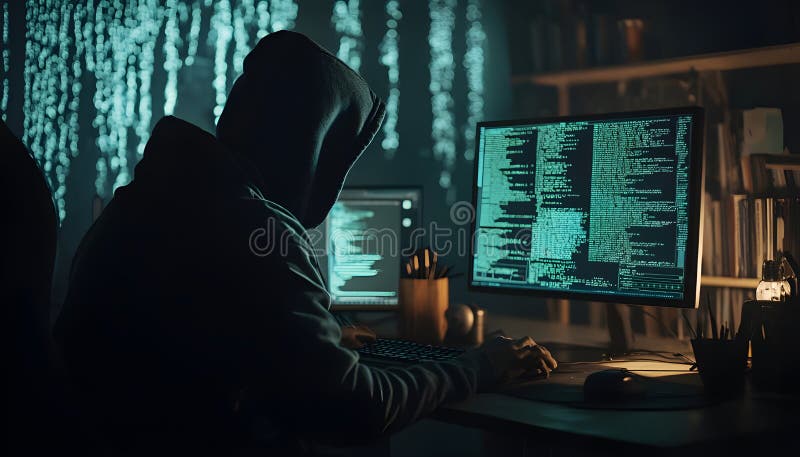 Hacker in a Dark Room Programming Malicious Code on a Computer Screen with Lines of Data Stock ...
