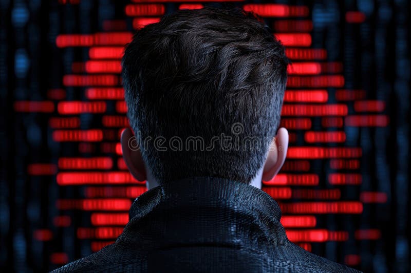 Hacker in Dark Room with Red Binary Code Stock Illustration - Illustration of code, firewall ...