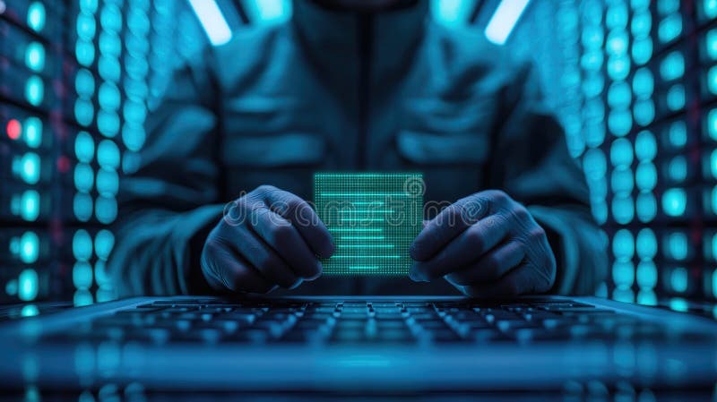 Hacker in a Dark Room Using a Laptop and Holding a Green Transparent ...