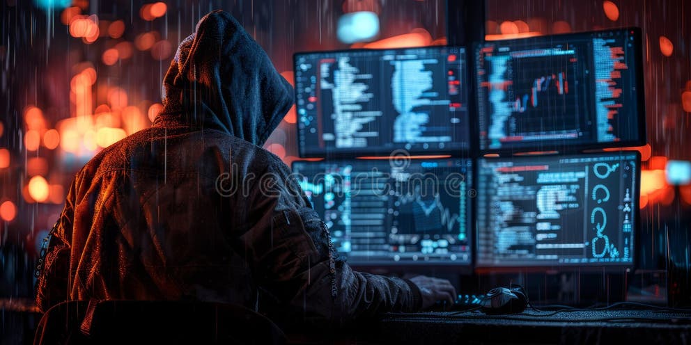 Hacker in a Dark Room Working on Multiple Screens with Code and Data ...
